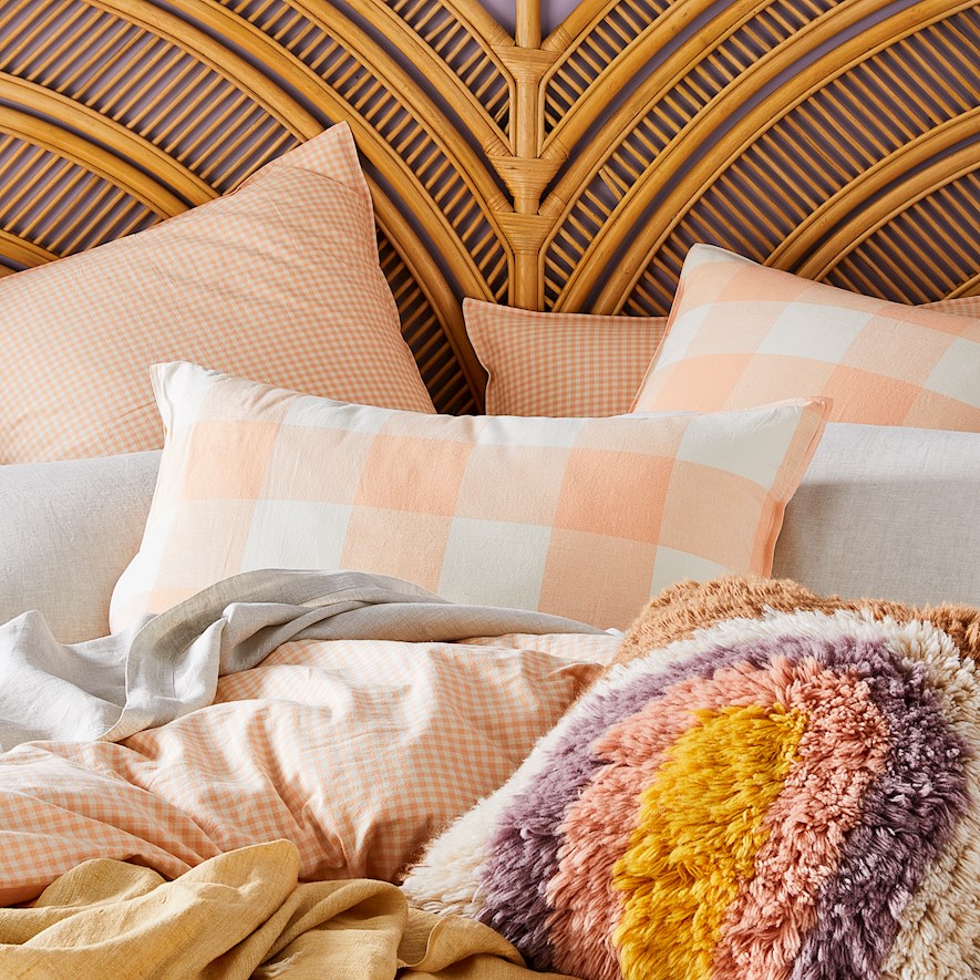 Vintage Washed Linen Cotton Peach Check Quilt Cover | Adairs