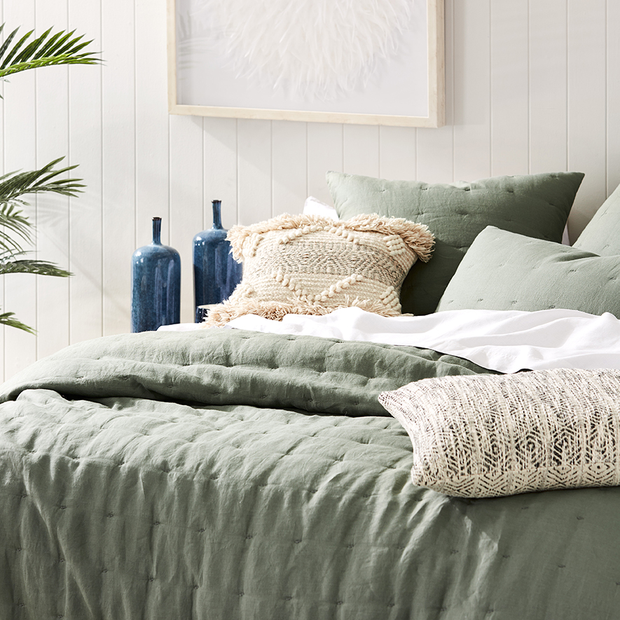 Vintage Washed Linen Quilted Khaki Quilt Cover | Adairs