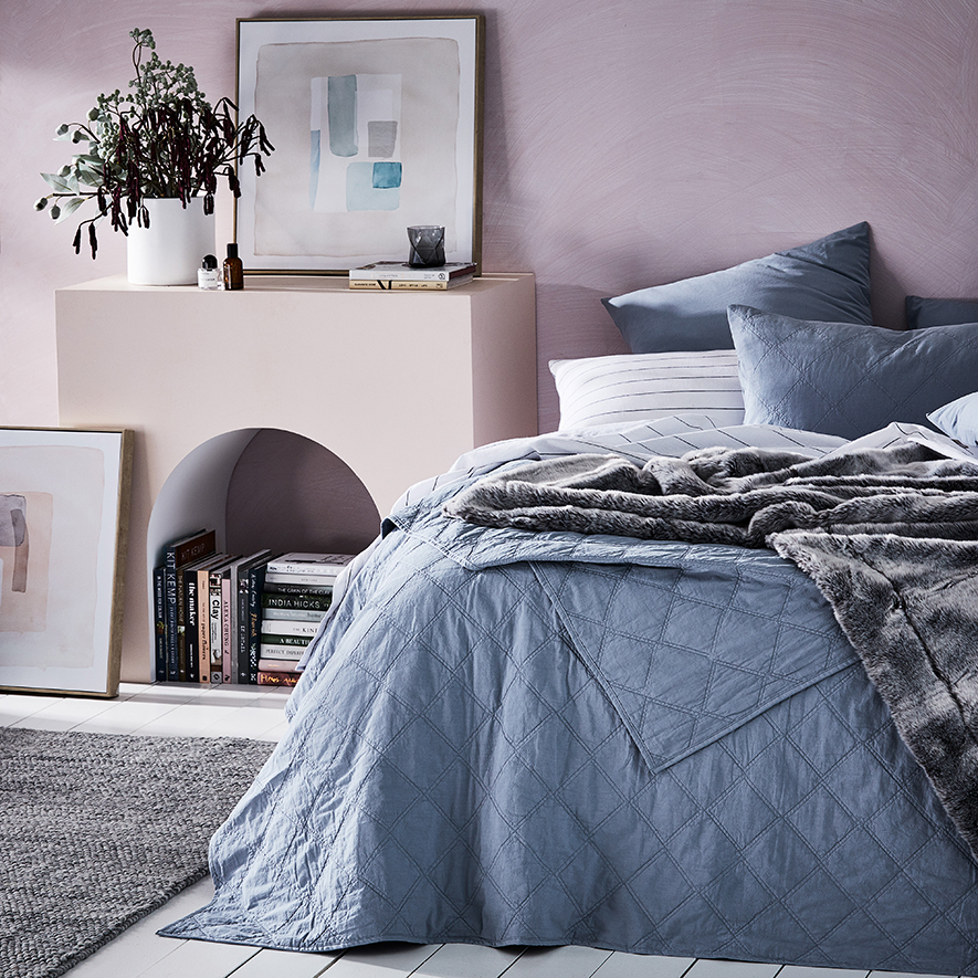 Stonewashed Cotton Dusty Blue Quilted Coverlet | Adairs