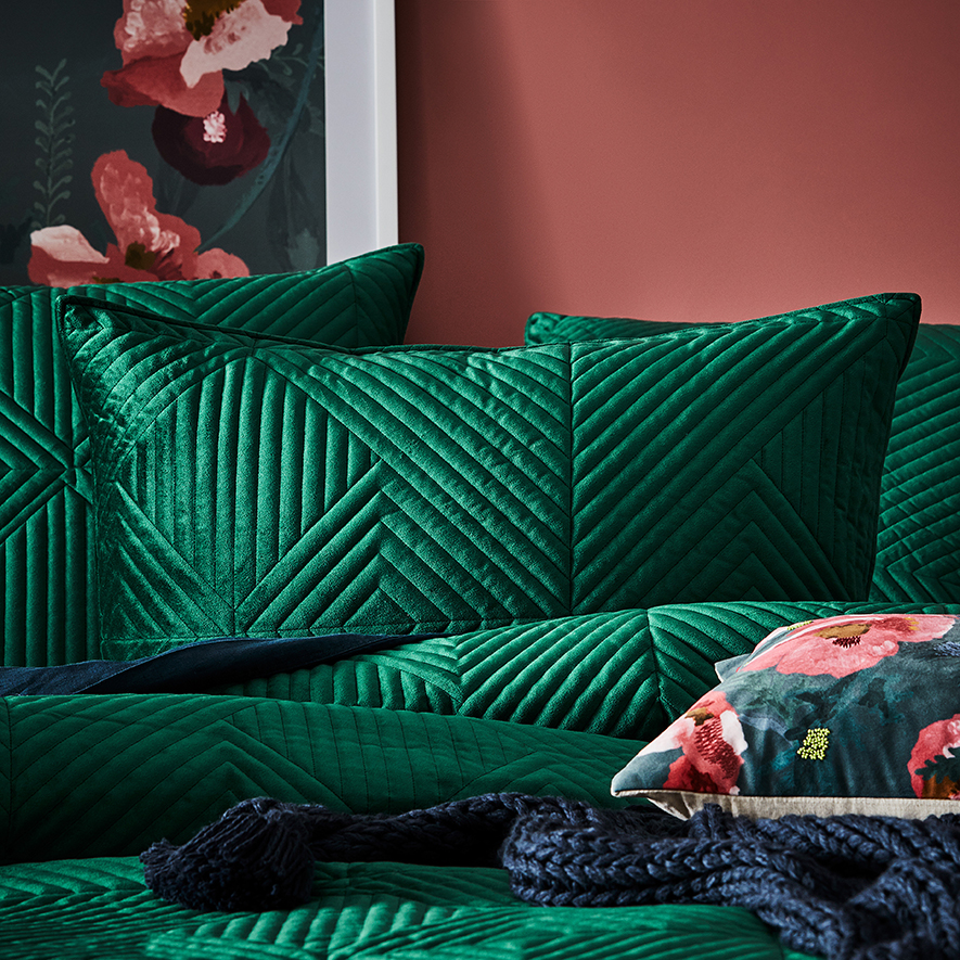 Newport Quilted Velvet Emerald Quilt Cover | Adairs