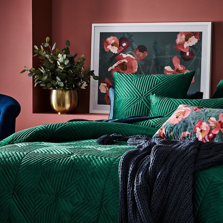 Newport Quilted Velvet Emerald Quilt Cover | Adairs