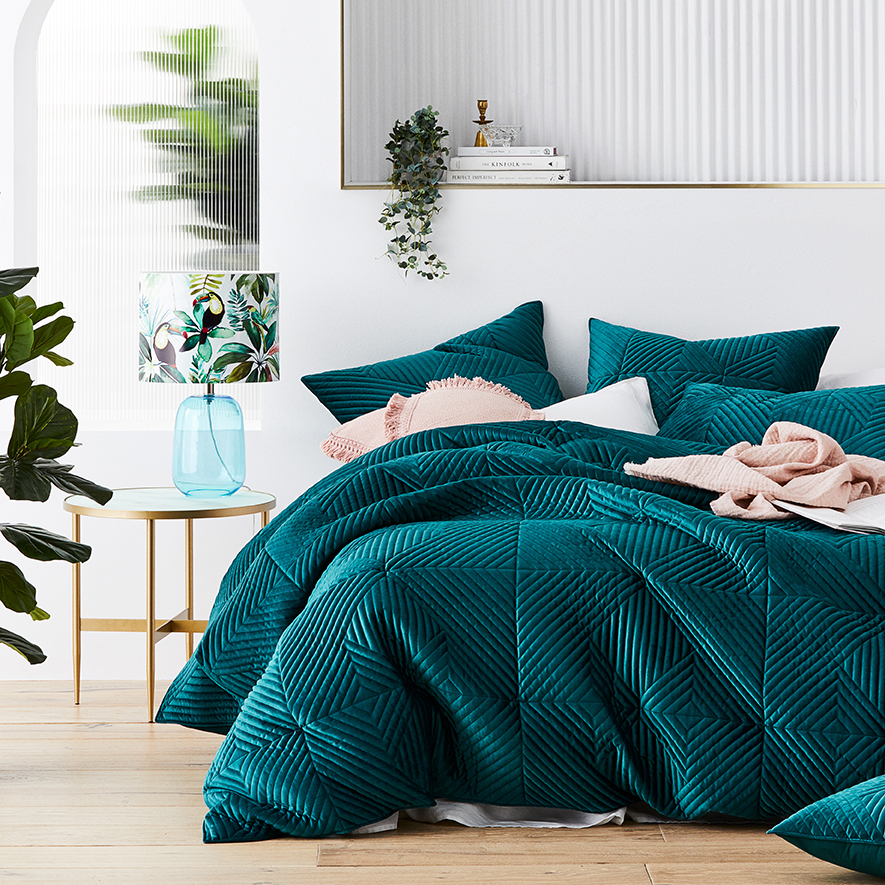 Newport Quilted Velvet Peacock Quilt Cover | Adairs