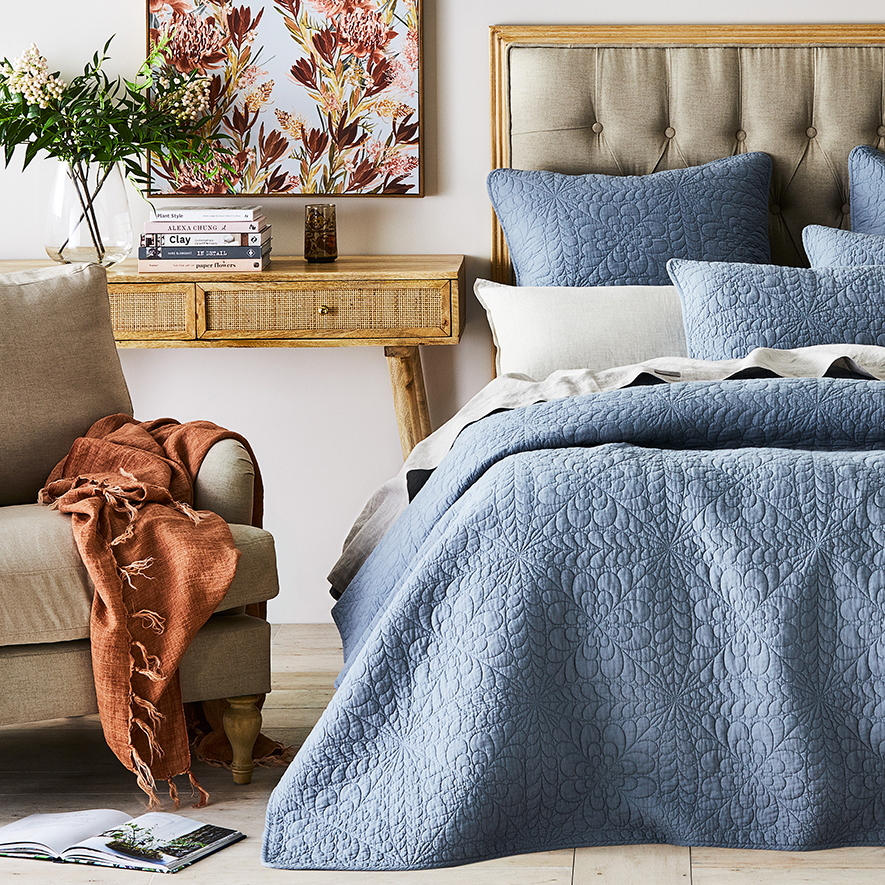 Daisy Quilted Dusty Blue Coverlet | Adairs