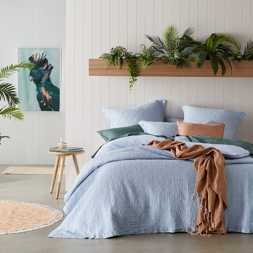 Vintage Washed Linen Dusty Blue Quilted Coverlet Separates | Adairs