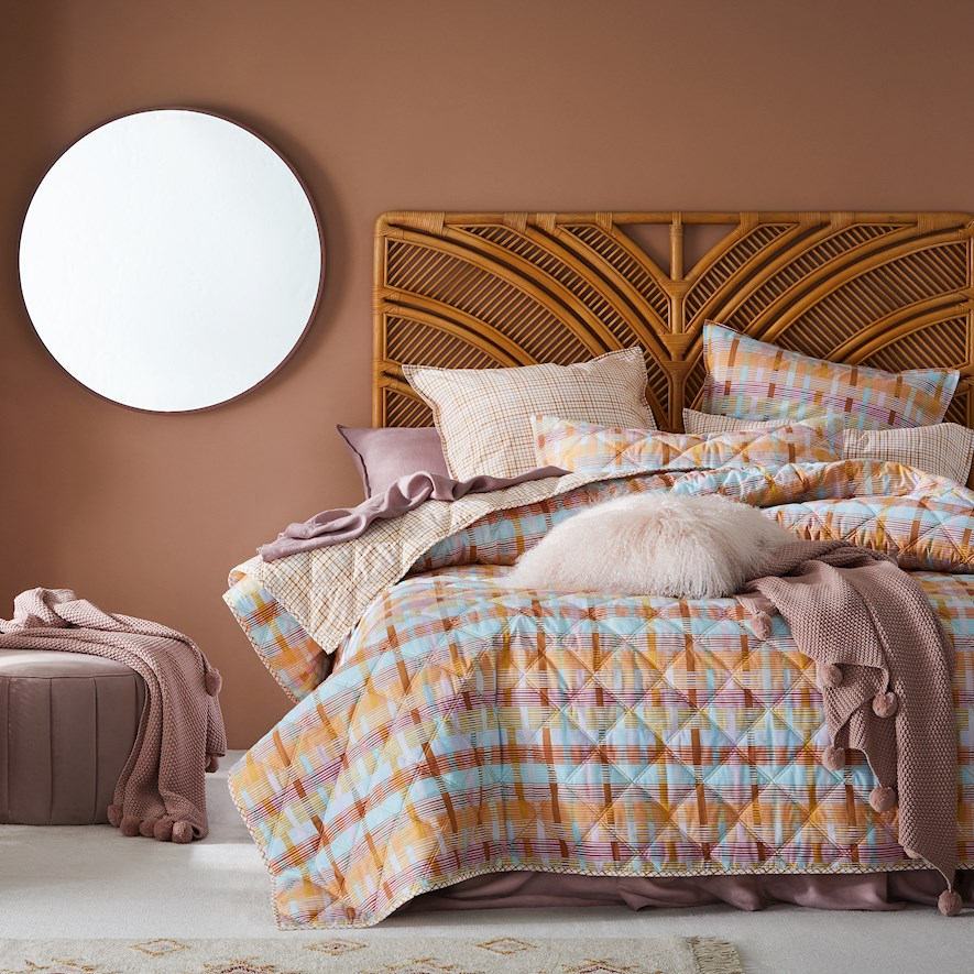 Stonewashed Cotton Printed Mustard Grid Quilted Coverlet | Adairs