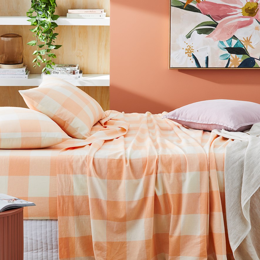 Vintage Washed Linen Cotton Peach Check Sheet Set | Adairs