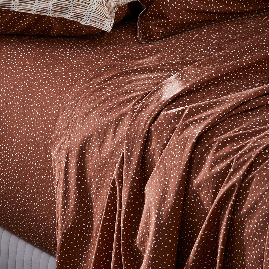 Stonewashed Printed Cotton Clay Fleck Sheet Separates | Adairs