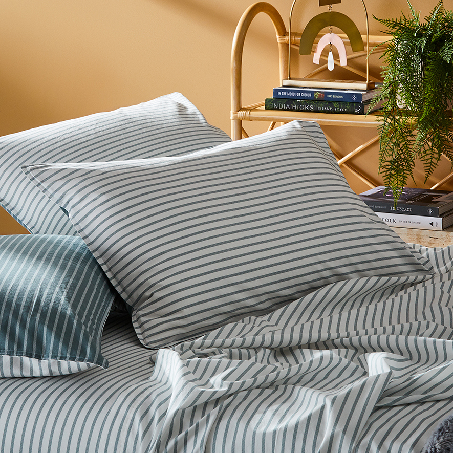 Stonewashed Printed Cotton Sage Stripe Sheet Separates | Adairs