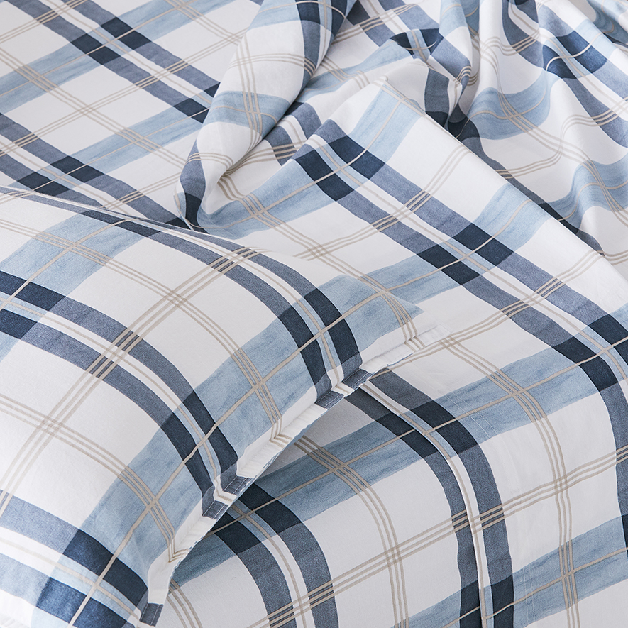 Stonewashed Printed Cotton Blue Check Sheet Separates | Adairs