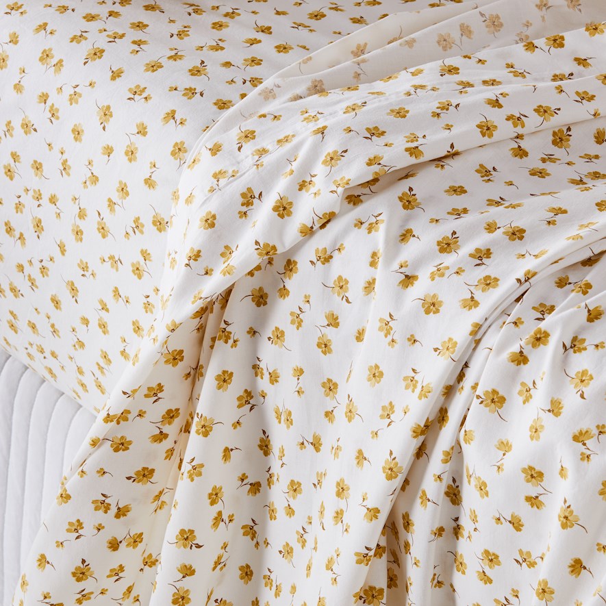 Stonewashed Cotton Printed Mustard Floral Sheet Separates | Adairs
