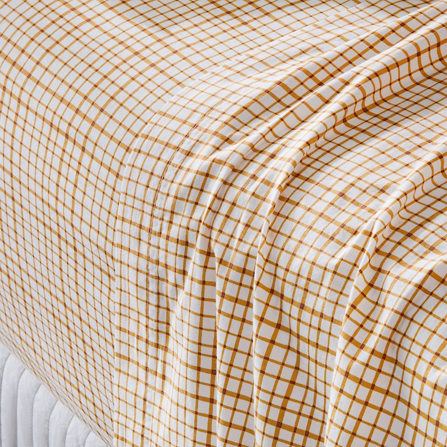 Stonewashed Cotton Printed Mustard Grid Sheet Set | Adairs