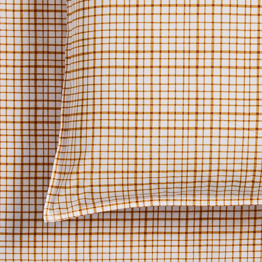 Stonewashed Cotton Printed Mustard Grid Sheet Set | Adairs
